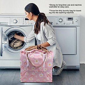 SANFERGE 2 Pack Travel Laundry Bag with Handle and Drawstring, Expandable Foldable Dirty Clothes Bags with Hook and Zipper, 23*20 inch, Cartoon 1 White + Pink