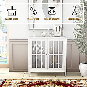 Tangkula Sideboard Buffet Storage Cabinet, Kitchen Storage Cabinet with 2 Glass Doors, Liquor Cabinet for Home Kitchen Dining Room, Cupboard Console Table, Curio Cabinet (White)