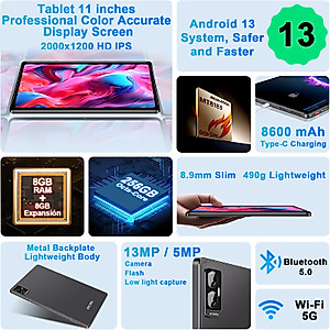 Tablet Android 13 Tablet PC 11 inch tablet Latest with 16GB+256GB+1TB Expand, 8600mAh, Support, Octa-Core 2.0 GHz, 5G WiFi, Dual Camera, Bluetooth 5.0, HD Screen Tablet with Keyboard and Mouse - Grey