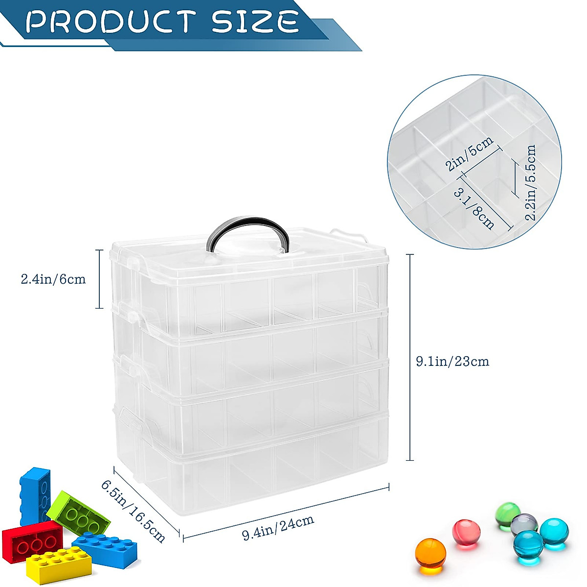 4-Tier Stackable Storage Container Box with 40 Adjustable Compartments, YOCOMEY Plastic Organizer Box Transparent Storage Case for Kids Toys, Art Crafts, Jewelry, Supplies, Fuse Beads, Washi Tapes