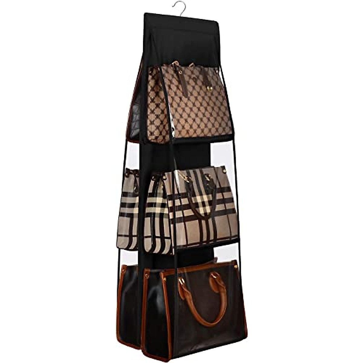 3 Layers Storage Bag for 6 Pockets Hanging Purse Handbag Organizer Clear Hanging Shelf Bag, Hanging Wardrobe Closet, Space Saving Organizers, Gift for Family (Black)