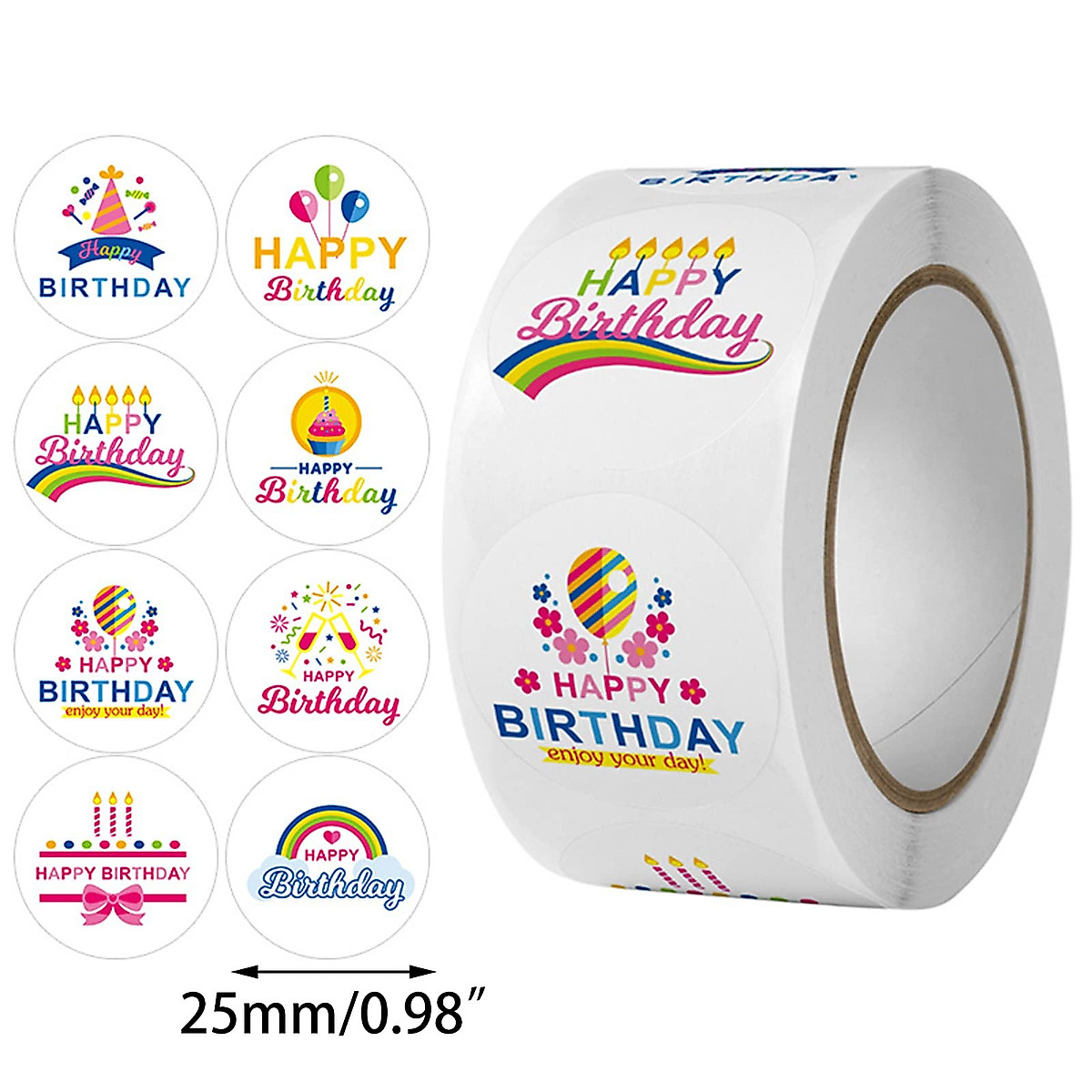500 Pieces/Roll Happy Birthday Stickers Round Adhesive Birthday Tag Label Stickers Invitations Envelope Sealing Stickers Personalized Happy Birthday Stickers for Balloons Cards envelopes Adults Kids