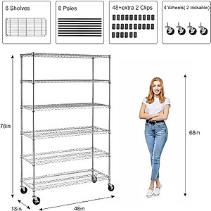 YRLLENSDAN 6000Lbs Capacity Adjustable Storage Shelves Heavy Duty Shelving Unit 6 Tier Metal Shelving with Wheels NSF Wire Shelving (48" W x 18" D x 72" H,Chrome)