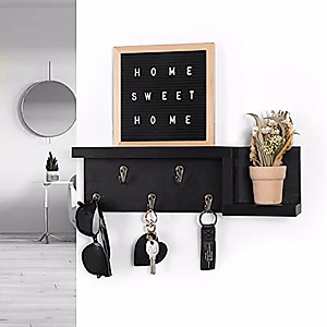 Decorative Key Holder for Wall with Shelf, Entryway Shelf with Hooks Holds Leashes, Jackets and Glasses – Sturdy Wood Keyholder Entrance Hanger with Mounting Hardware (15.6” x 4.7” x 3.5”) (Black)