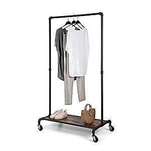 Real Home Innovations Modern Industrial Style Garment Rack with Wood Shelf, Satin Pewter