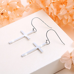 S925 Sterling Silver Jewelry Classic Religious Cross Dangle Earrings