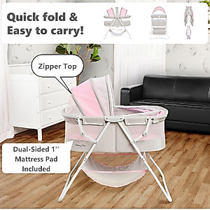 Karley Baby Bassinet in Grey and Pink, Lightweight Portable, Quick Fold and Easy to Carry , Adjustable Double Canopy, Indoor and Outdoor with Large Storage Basket.