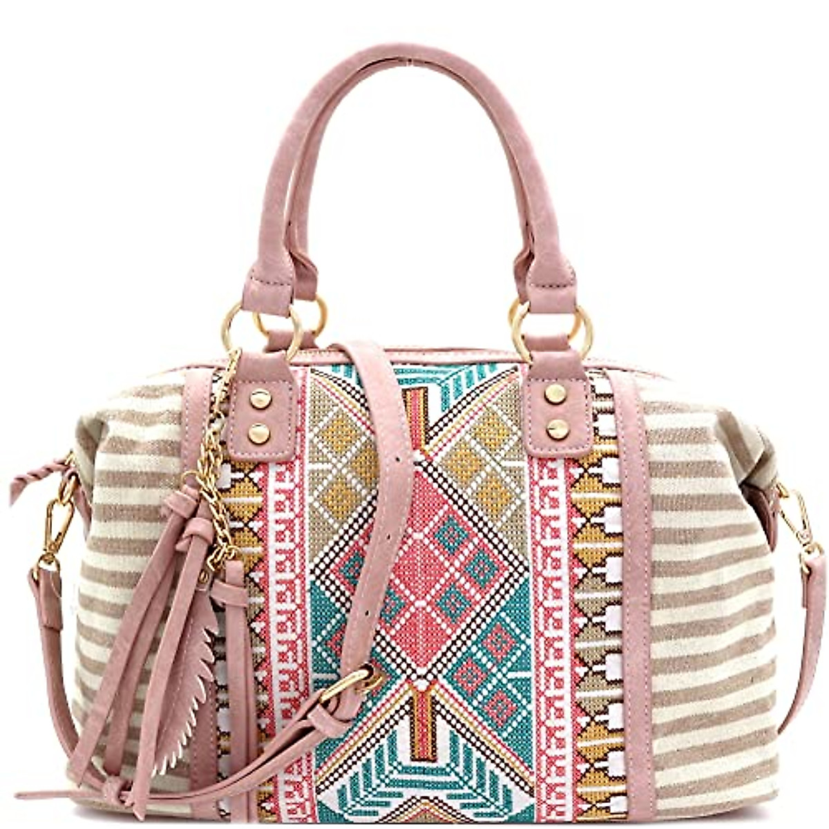 Boho Tassel Leaf Charm Aztec & Stripe Embroidered Canvas Satchel Tote Handbag Purse (Embroidered Satchel - Beige/Blush)