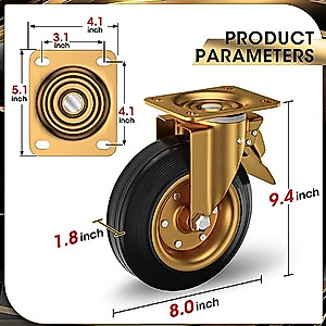 OVLLAN 8 Inch Caster Wheels, Casters Set of 4 Heavy Duty - Swivel Locking Heavy Duty Casters, Industrial Casters with Brake, Rubber Castor Wheels for Cart Dolly Workbench, Total Capacity 3400 lbs