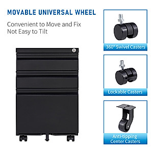 Gustonhon 3-Drawer Mobile File Cabinet with Lock,Under Desk Home Office Storage Filing Cabinet for Legal/Letter Size, Pre-Assembled Metal File Cabinet Except Wheels (Black)