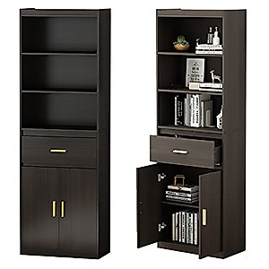 FUFU&GAGA Modern Bookcase Storage Cabinet, Tall Storage Wooden Bookshelf with 3 Tiers Shelf, 2 Doors & 1 Drawer for Home Office, Bedroom, Living Room, 23.6" W x 11.8" D x 70.8" H, Black-Brown