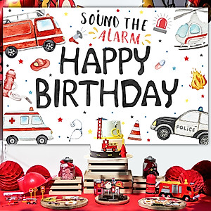 Wonmelody Emergency Birthday Decorations Backdrop Happy Birthday Sound the Alarm Backdrop Banner Rescue Vehicle Birthday Party Supply Team Rescue Backdrop First Responder Transportation Party