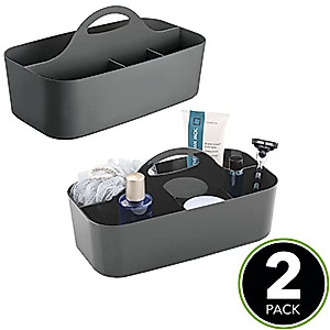 mDesign Plastic Divided Shower Organizer Basket Caddy Tote with Handle - Storage for Bathroom or Dorm - Holds Hand Soap, Shampoo, Sponges, Scrubs, and Body Wash - Lumiere Collection, 2 Pack, Dark Gray