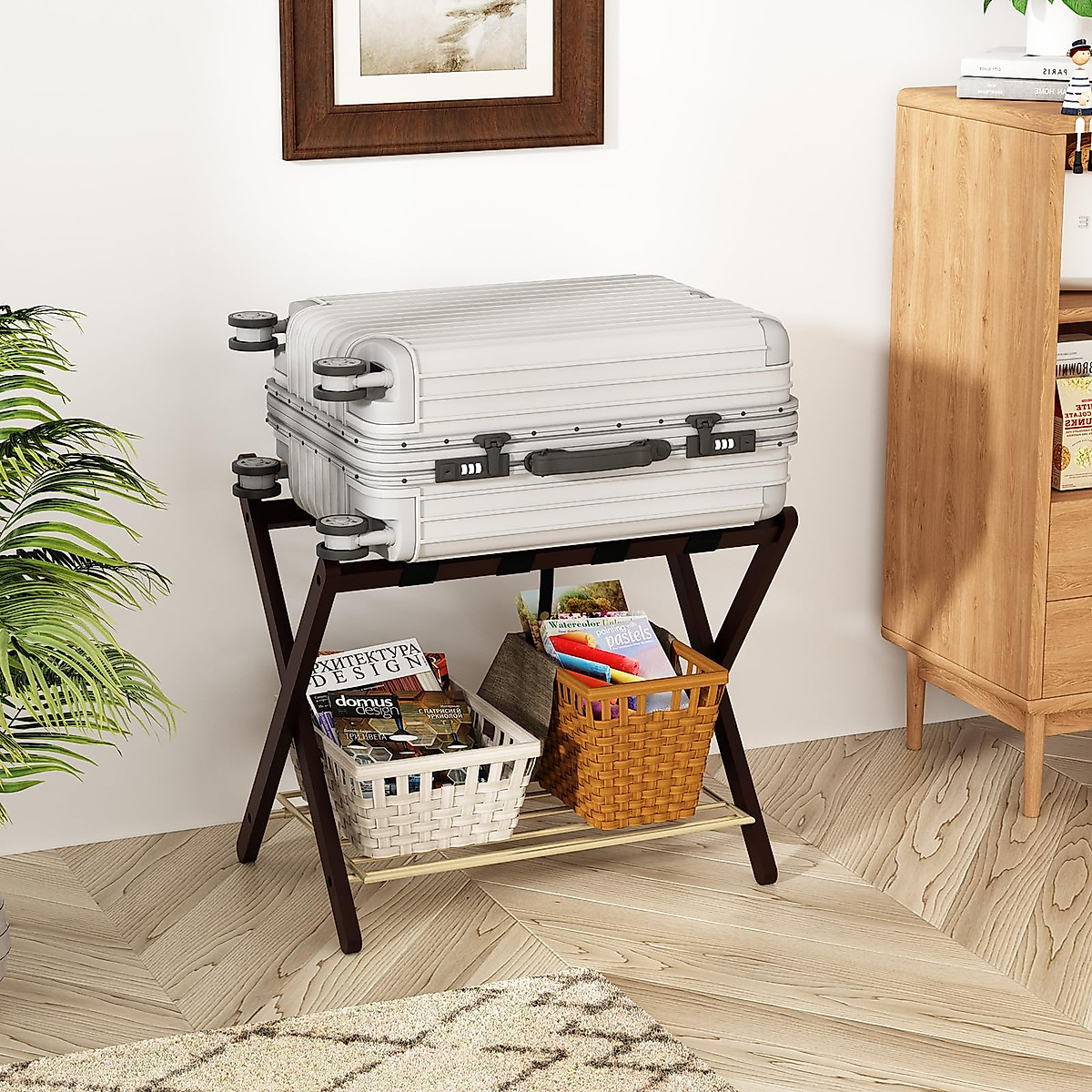 HLR Bamboo Luggage Rack for Guest Room, Folding Suitcase Stand with Metal Shelf&Back, Heavy Duty Luggage Holder for Bedroom, Living Room, Hotel, Espresso and Gold