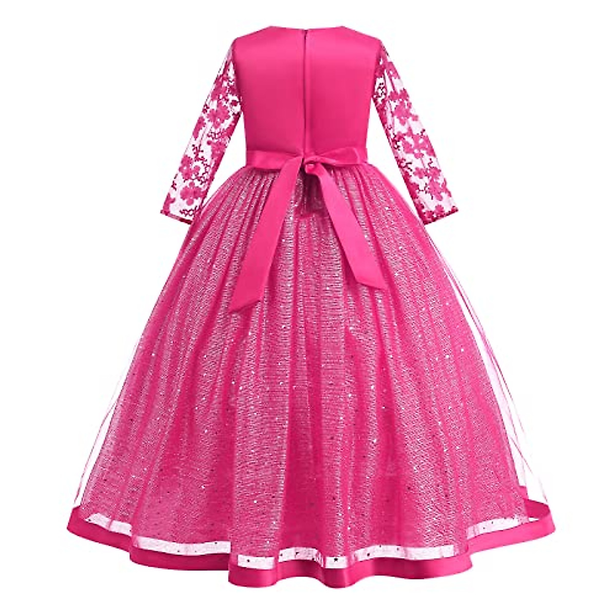 Floral Sequins Lace Princess Pageant 3/4 Sleeve Flower Girl Dress for Kids Junior Bridesmaid Wedding Puffy Party Wear Fall Formal Maxi Dance Evening Ball Gowns for Girls Sequins-Hot Pink 11-12 Years