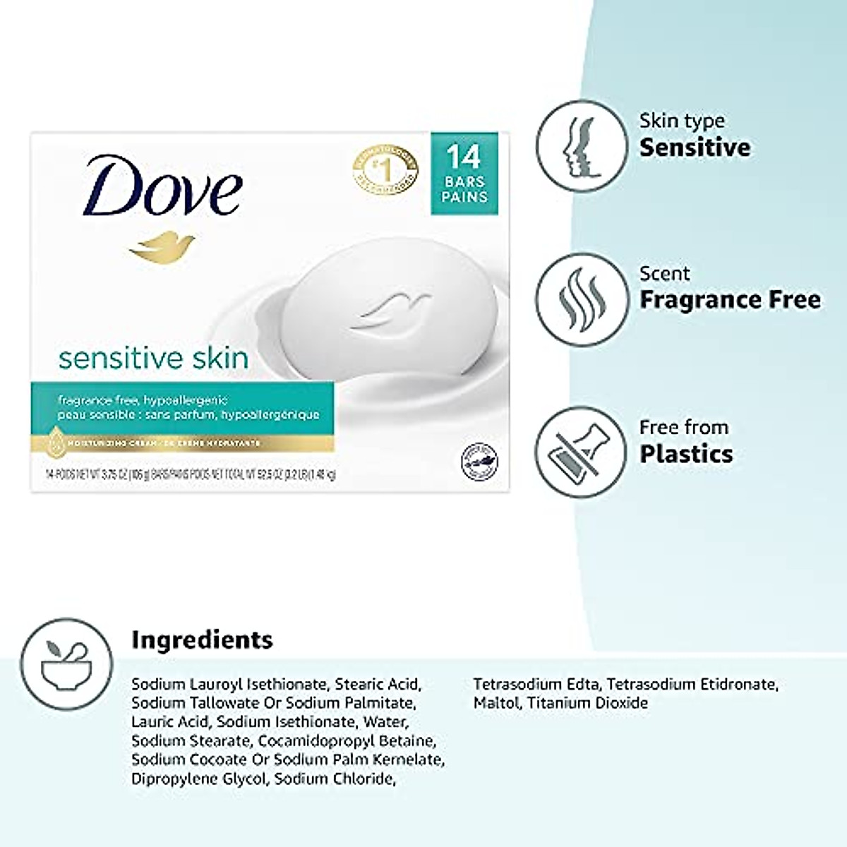 Dove Beauty Bar More Moisturizing Than Bar Soap for Softer Skin, Fragrance-Free, Hypoallergenic Beauty Bar Sensitive Skin With Gentle Cleanser 3.75 oz, 14 Bars