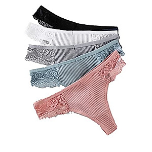 Justgoo Womens Sexy Thongs Lace Panties Underwear Cotton Low Rise Underpants Pack of 5
