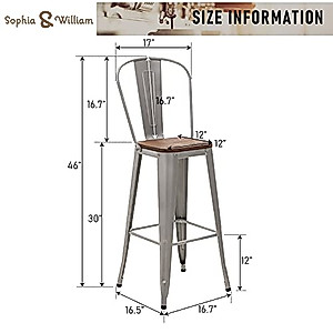 Sophia & William 30" Metal Bar Stools Set of 4 High Back Counter Height Barstools with Wooden Seat,Indoor/Outdoor Barstools,Matte Silver Gray