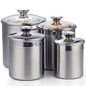 Cooks Standard Stainless Steel airtight Glass lid 4-Piece Food Jar Storage Canister Set for Tea Cofee Sugar Flour Baking Pantry Kitchen Counter