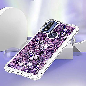CAIYUNL for Moto G Pure Case, Moto G Power 2022 Case with Glass Screen Protector, Women Girls Glitter Bling Floating Liquid Sparkle Cute Soft TPU Protective Phone for Motorola G Pure -Purple Butterfly