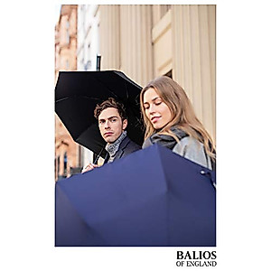 Balios (Designed in UK) Travel Umbrella Luxurious Golden Rosewood Handle Auto Open & Close Windproof Frame Single Canopy Automatic Folding Umbrella Men's & Ladies (Dark Navy)