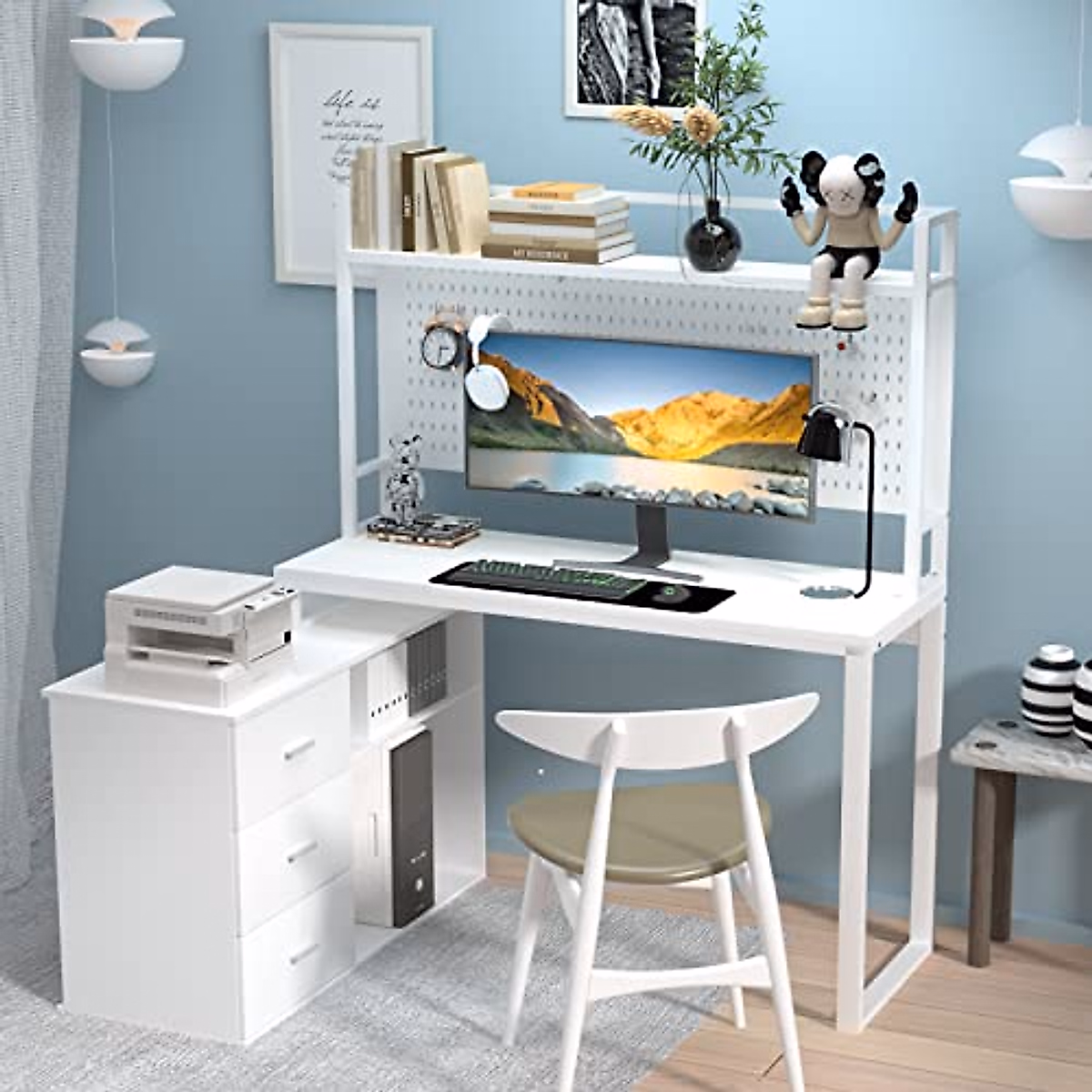 PAKASEPT Home Office Computer Desk L Shaped Desk, Reversible Corner Desk with Drawers & Shelves & Pegboard, White Desk Study Writing Table for Home Office