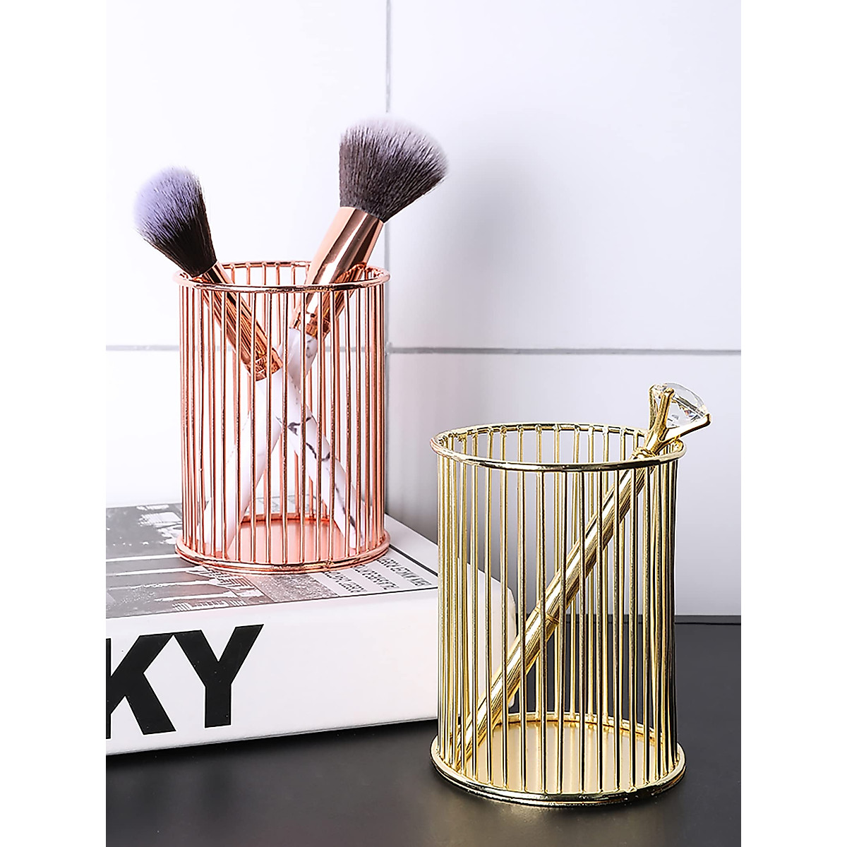 Stephanie Imports Set of 3 Metal Wire Pencil Cup or Makeup Brush Holder Organizer (Gold Bar Pattern)