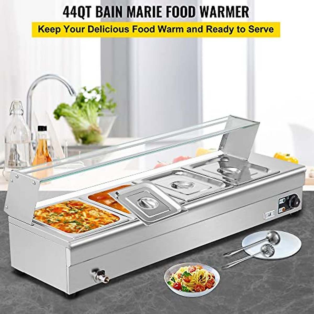 Commercial Food Warmer Bain Marie, 44 Qt Electric Countertop Buffet Warmer with Tempered Glass Shield and Lids, 4 x 1/2 Pans Stainless Steel Steam Table, 1500W