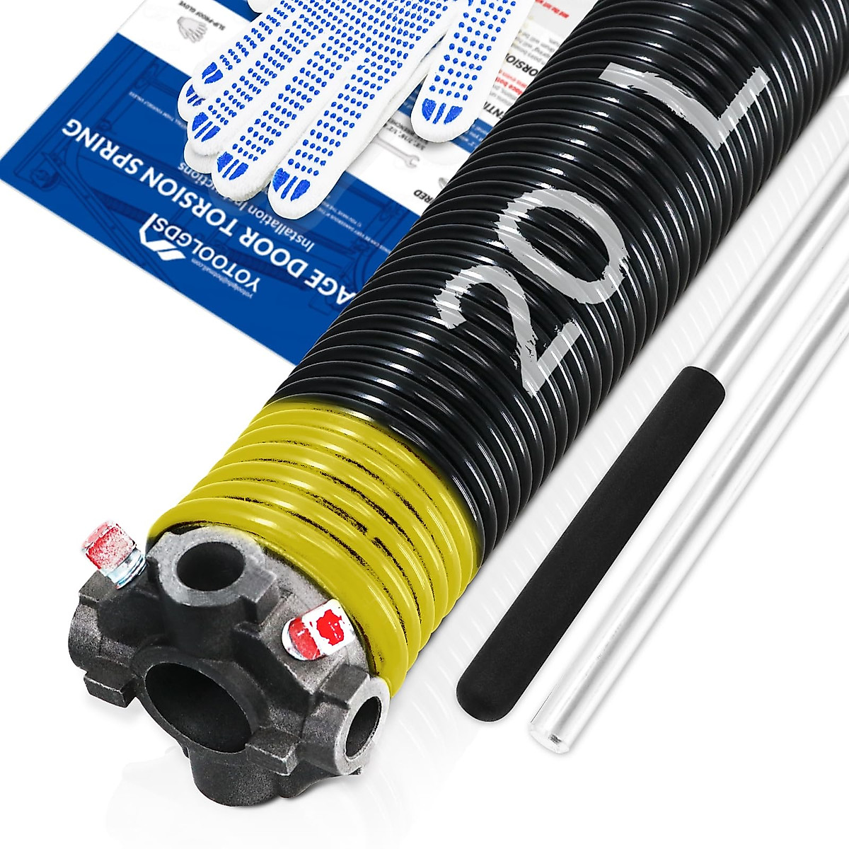 YoToolGDS Left Hand Wind（Black Cone）2" Garage Door Torsion Spring with Non-Slip Winding Bars & Gloves, High Precision Electrophoresis Black Coated, for Replacement, MIN 16,000 Cycles (0.207x2''x20'')