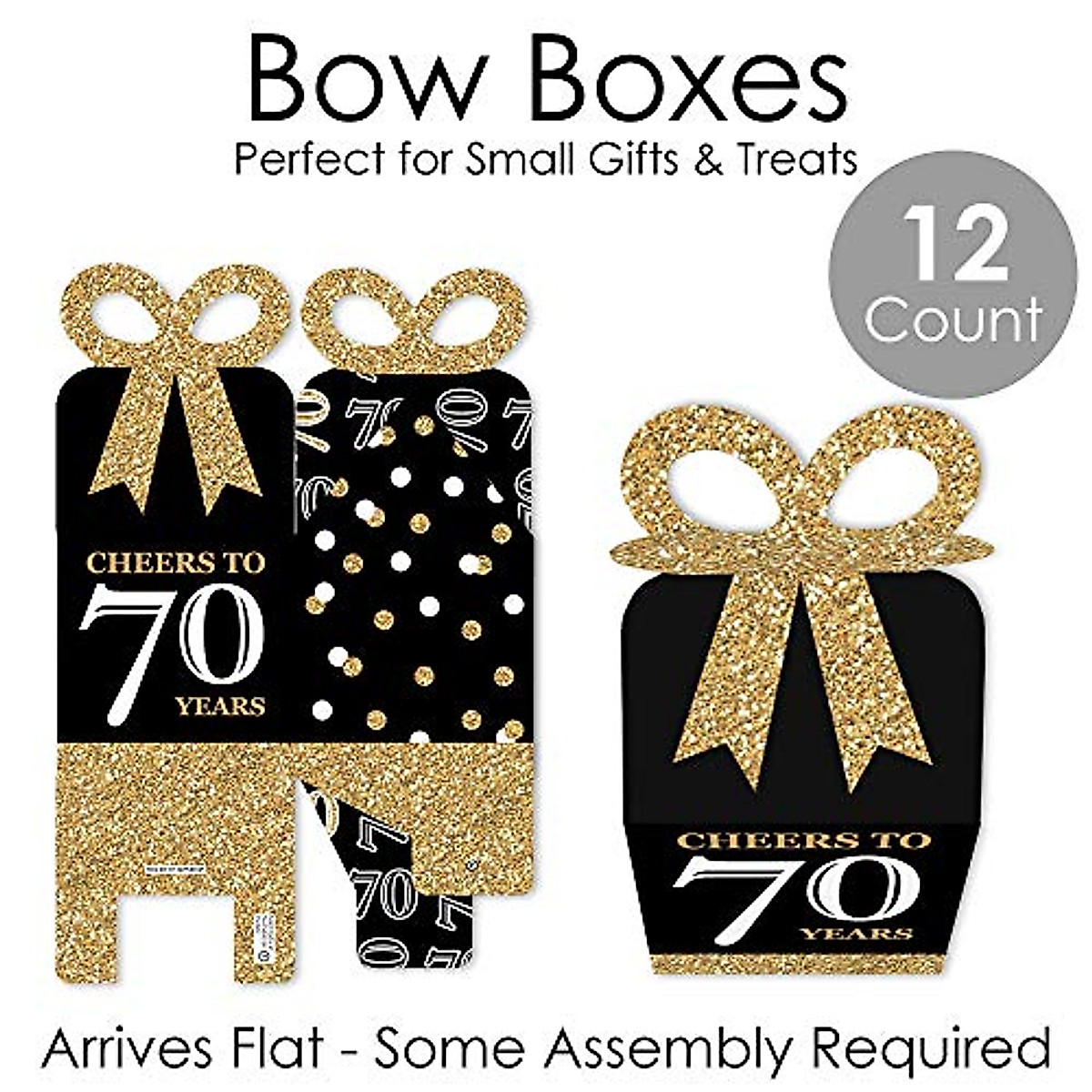 Big Dot of Happiness Adult 70th Birthday - Gold - Square Favor Gift Boxes - Birthday Party Bow Boxes - Set of 12