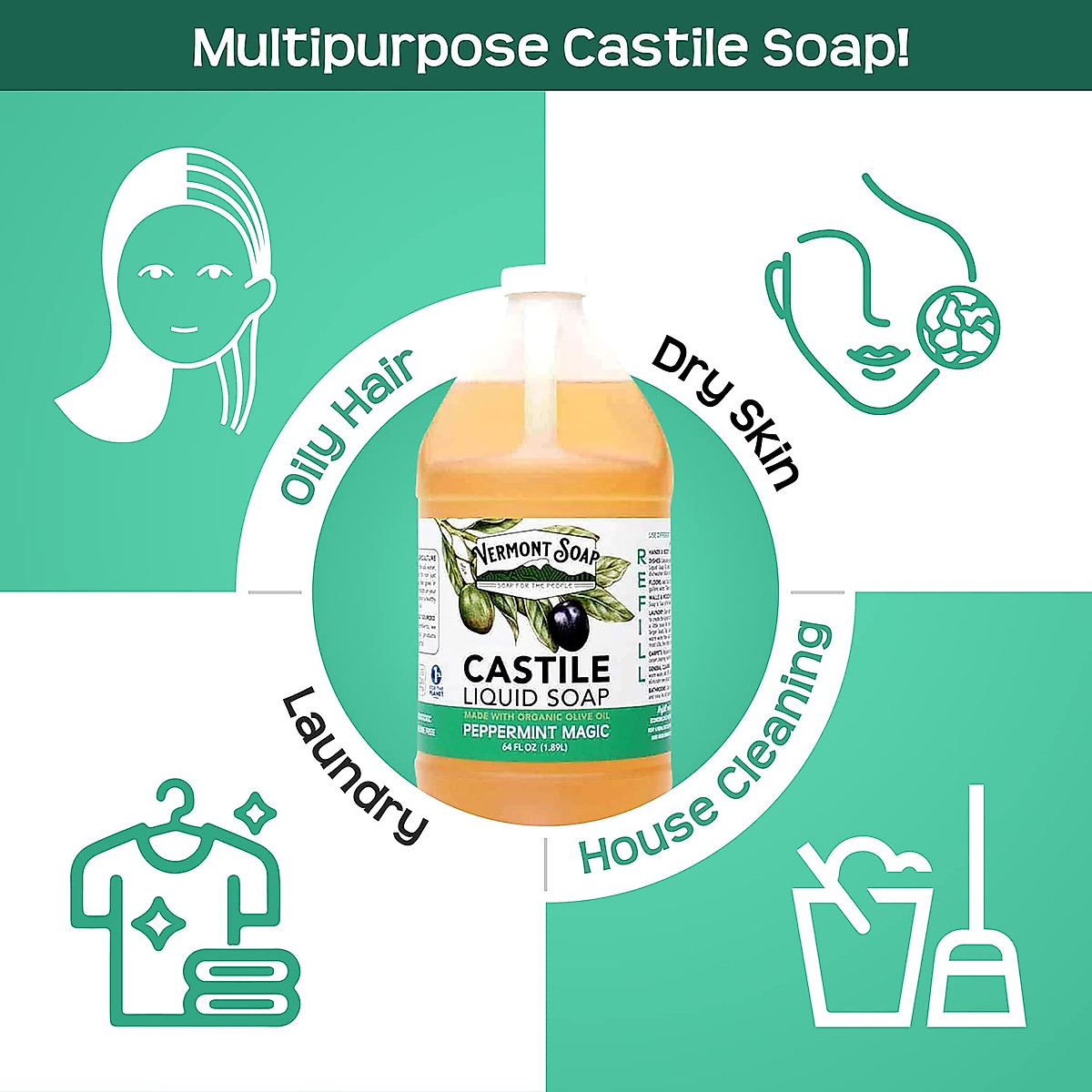 Vermont Castile Soap Peppermint, Gentle Liquid Soap for Sensitive Skin & Natural Body Wash, Organic Hair Shampoo for Oily Hair, Aloe Castile Soap for Men & Women - 64 Oz