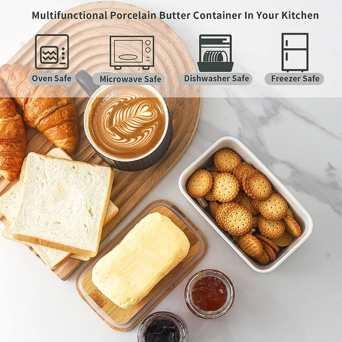 Hasense Large Butter Dish with Lid for Countertop - Farmhouse Ceramic Butter Container Holder with Cover for Fridge,Silicone Sealing,White Embossed Pattern,Holds Two Sticks of Butter