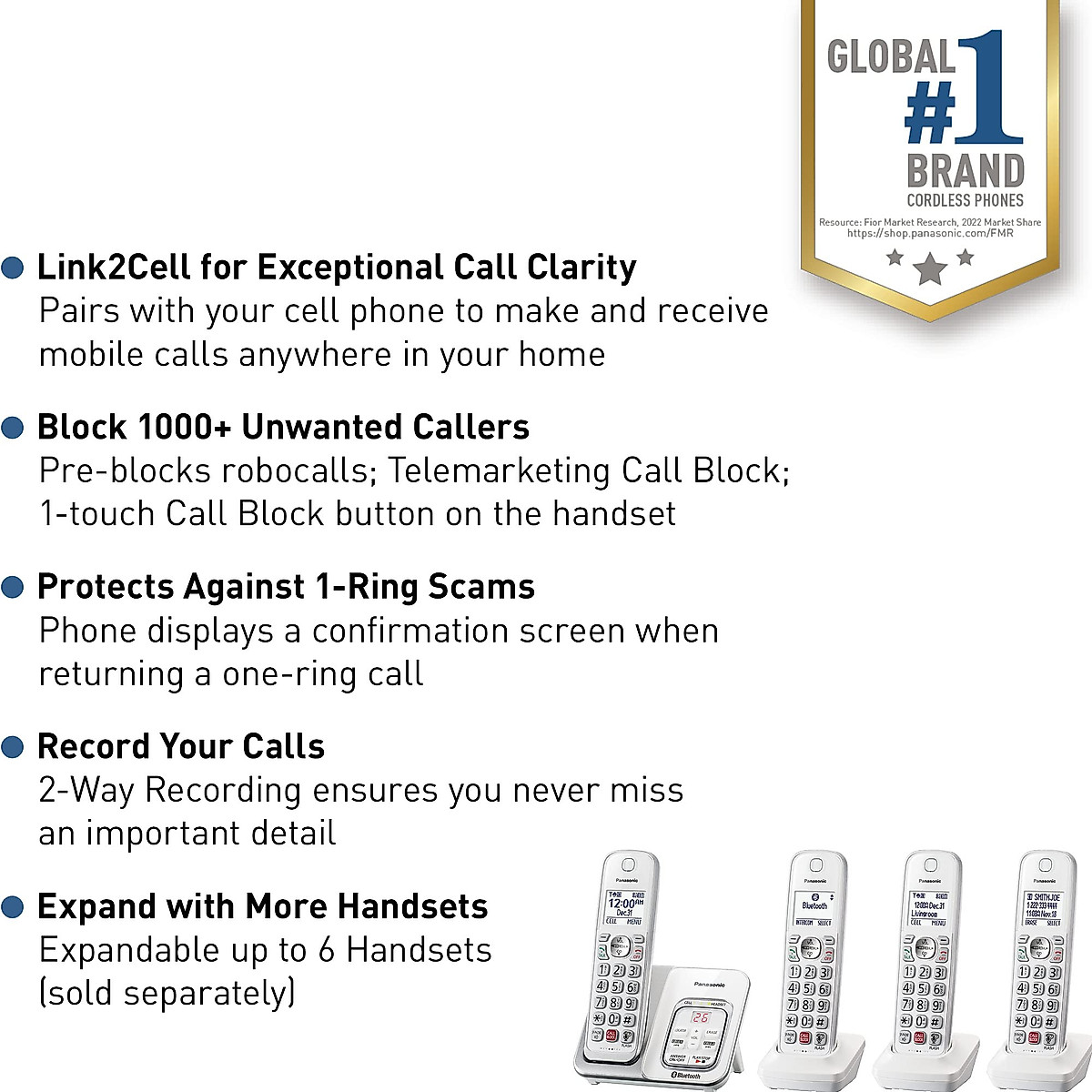 Panasonic Cordless Phone with Answering Machine, Link2Cell Bluetooth, Voice Assistant and Advanced Call Blocking, Expandable System with 4 Handsets - KX-TGD864W (White)
