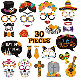 30 PCS Day of The Dead Photo Booth Props Día de Los Muertos Cinco de Mayo Sugar Skull Photo Props Marigold Flowers Decorations for Mexican Birthday Party Wedding Bachelorette Fiesta Party Supplies