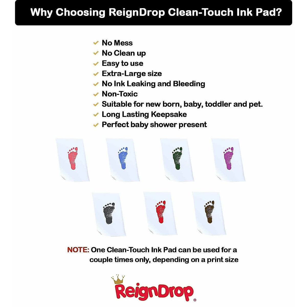 Inkless Large Clean Touch Ink Pad Kit for Baby Footprint, Handprint & Pet Paw Print - No Ink Mess, Clear Print, Smudge Resistant, Long Lasting, Baby Safe, Includes 2 Cardstock(Clean-Touch - Black)