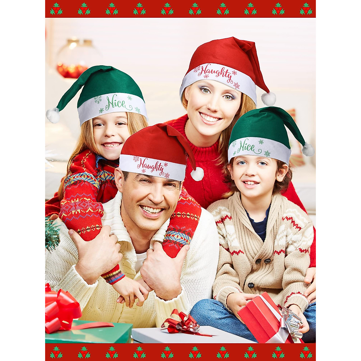 Leumoi 50 Pieces Naughty and Nice Plush Christmas Santa Hats Decorative Red and Green Christmas Hat Xmas Santa Hats for Adults Kids Women Men Funny Decoration Holiday Party Costume Supply