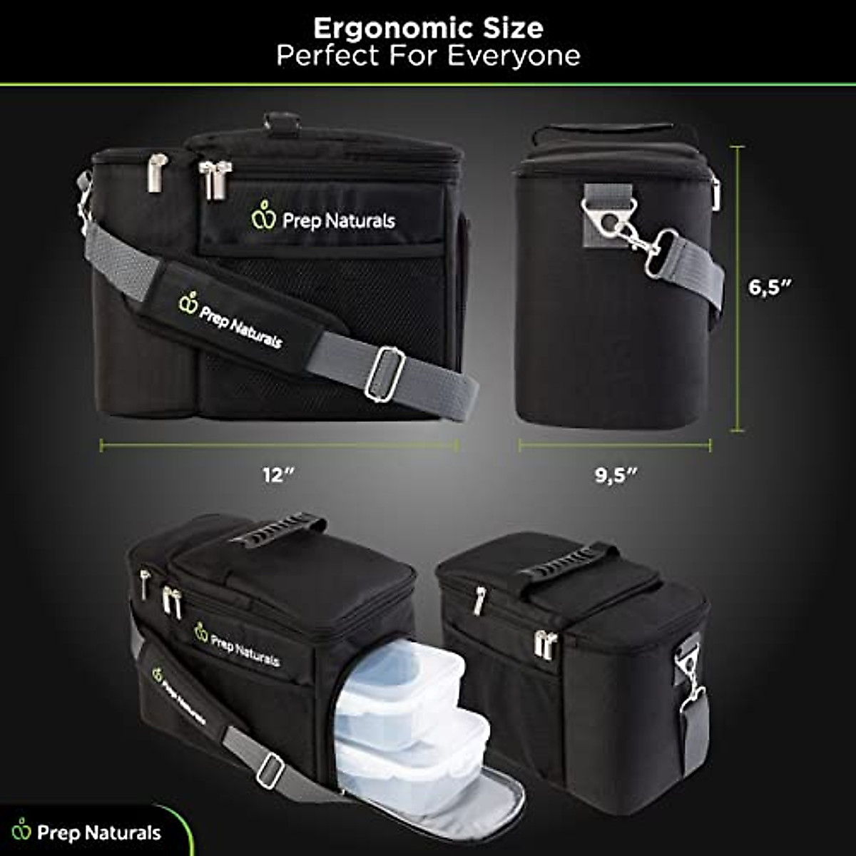 Insulated Lunch Box For Men - Meal Prep Lunch Bag Women/Men. Small Cooler Bag Includes 3 Lunch Containers and Ice Packs. Adjustable shoulder strap. By Prep Naturals