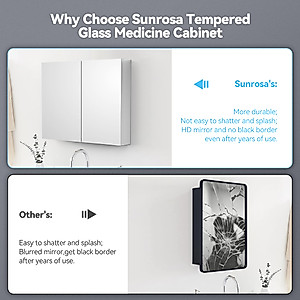 Sunrosa Medicine Cabinet with Mirror, 36" W×31.5" H Bathroom Tempered Glass Mirror Medicine Cabinet, Wall-mountable and Recessed-in Medicine Cabinet for Bathroom, 2 Symmetrical Doors Medicine Cabinet