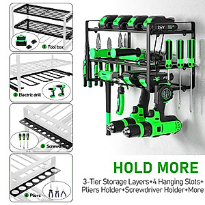 Socpuro Power Tool Organizer Wall Mounted, 3 Layers Heavy Duty Metal Tool Shelf, Garage Drill Tool Holder Utility Storage Rack for Handheld & Power Tools