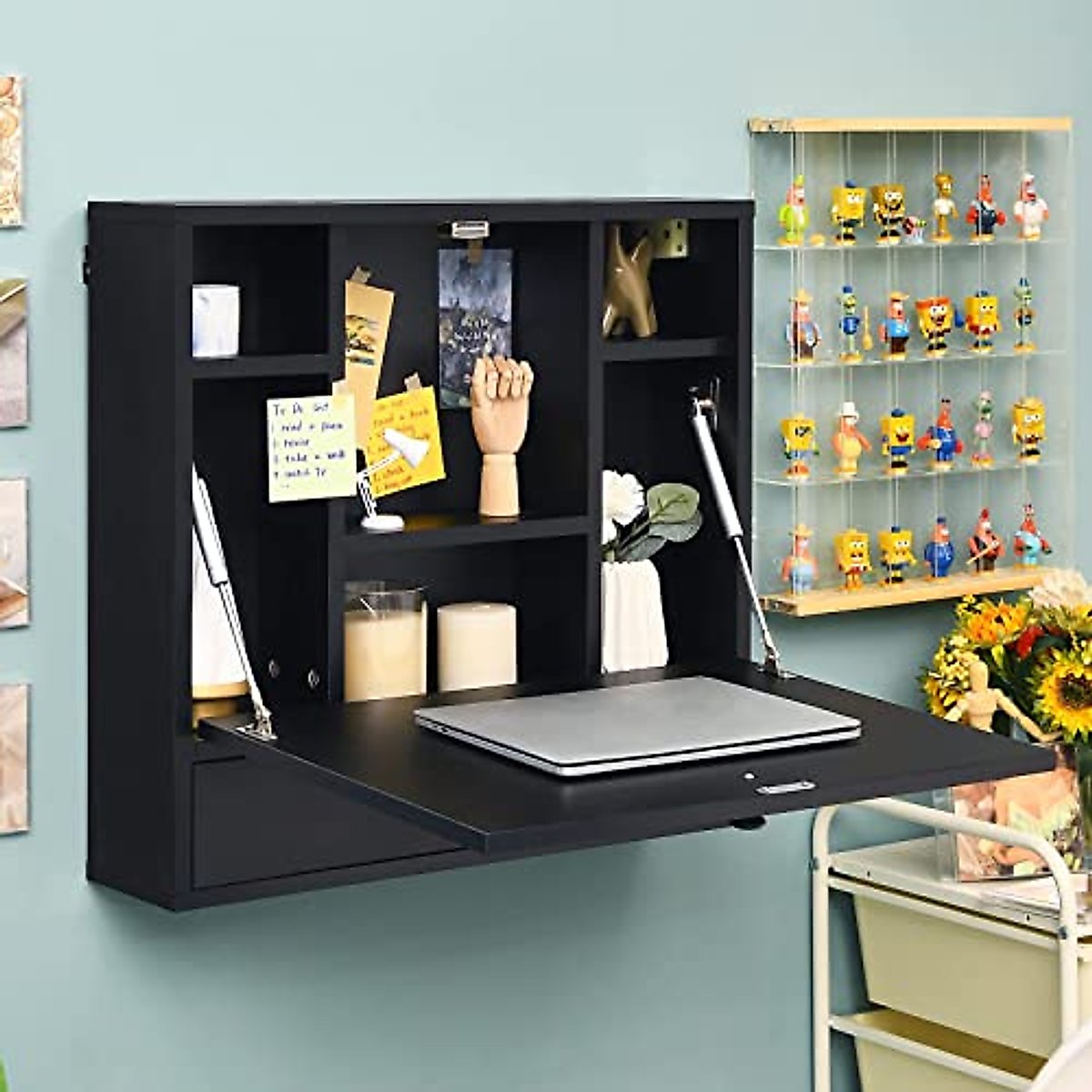 IFANNY Wall Mounted Desk, Wall Computer Desk w/Storage Drawer & Shelves, Compact Floating Desk for Wall, Space Saving Wall Desk Fold Down, Wall Desks for Small Spaces (Black)