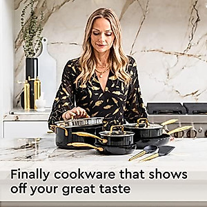 Black and Gold Pots and Pans Set Nonstick - 15PC Luxe Black Pots and Pans Set Non Toxic - Induction Compatible, PFOA Free Black and Gold Cookware Set & Gold Kitchen Utensils - Gold Kitchen Accessories