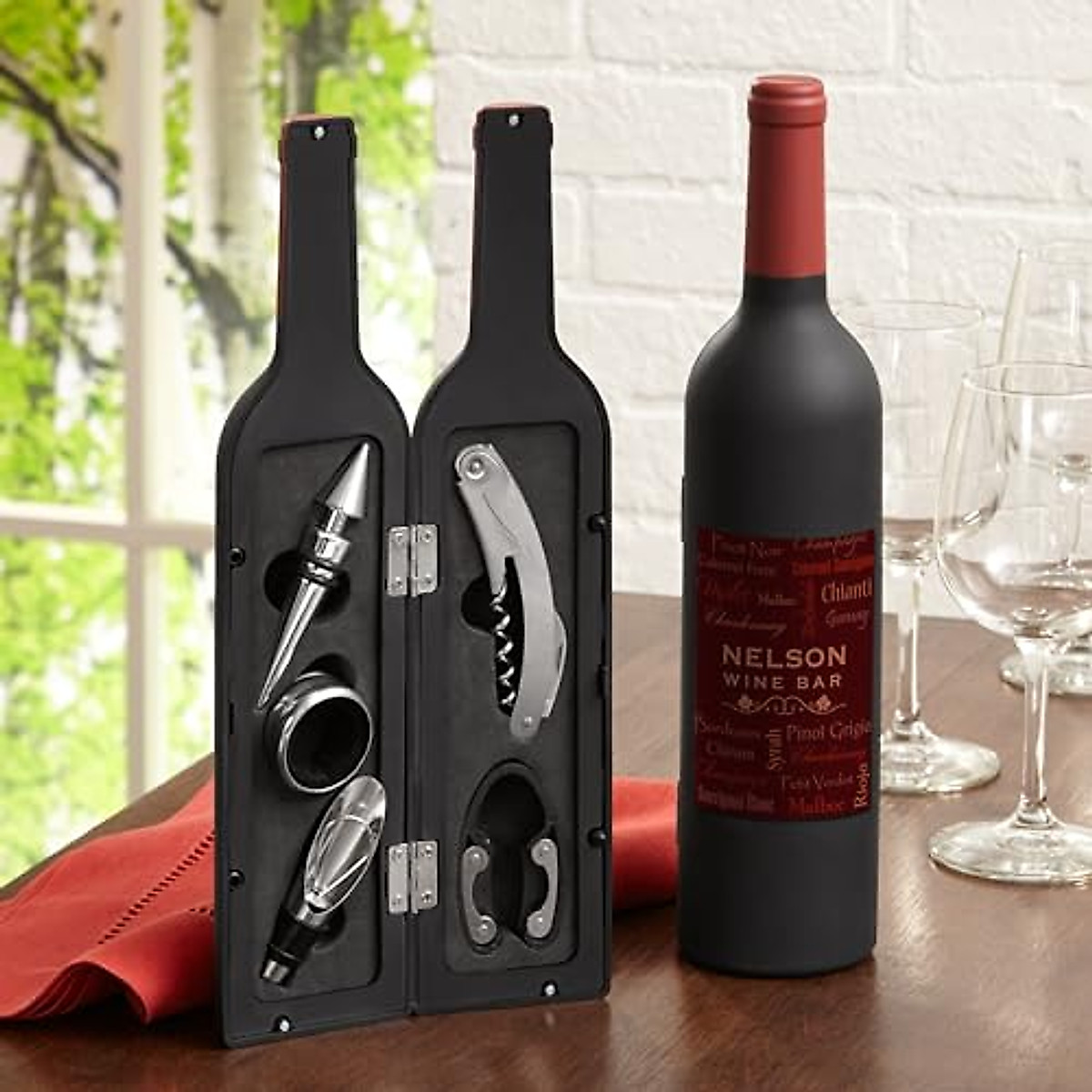 Let's Make Memories Personalized 5 Piece Tool Set - Wine Talk - Wine Bottle Opener - Unique Bar Accessories - Bottle-Shaped Holder - Personalize with Name