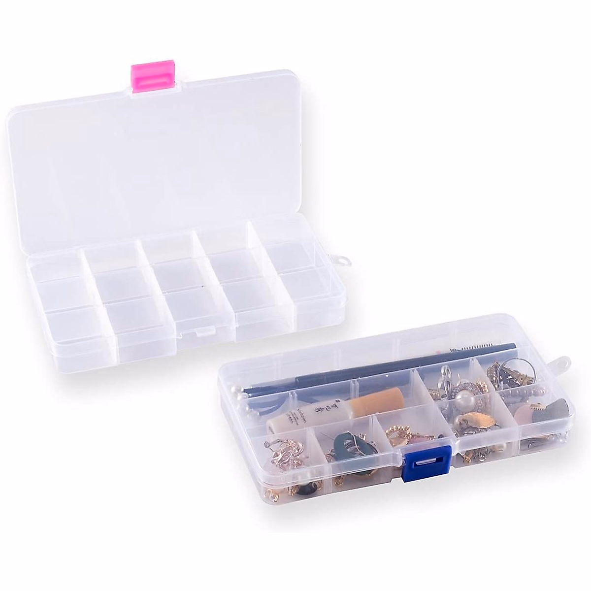 YukaBa 2 Pack 15 Grids Plastic Small Crafts Storage Boxes with Adjustable Dividers (6.7" × 3.9" x 1")