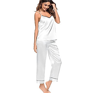 SWOMOG Women's Satin Pajamas Set V-Neck Cami Top and Capris Pants Silk Sleepwear Pjs Set White