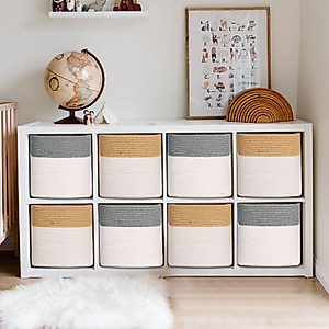 ANMINY 3PCS Cotton Rope Woven Storage Cubes Baskets Set with Handles Large Washable Decorative Open Storage Bins Boxes Nursery Baby Kid Toy Blanket Clothes Towel Laundry Organizer - Off White/Gray