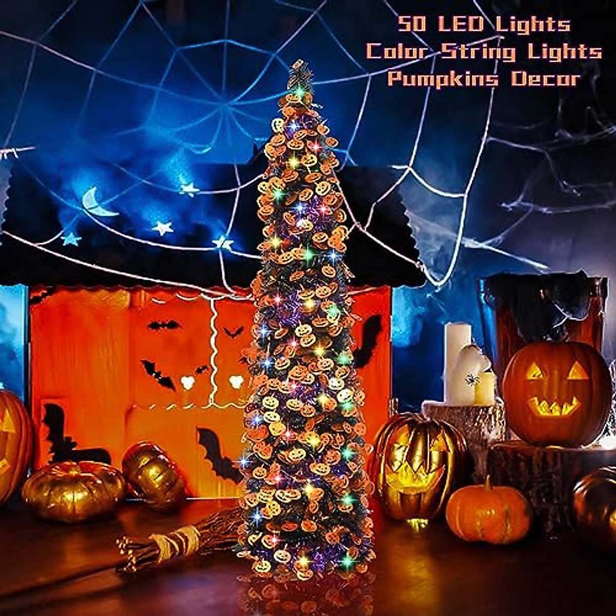 Halloween Pumpkin Tree with 50 Lights,5ft Pop Up Pencil Collapsible Tinsel Halloween Christmas Trees Decorations Indoor for Home Door Porch Bedroom Decor Holiday Party,WOKEISE