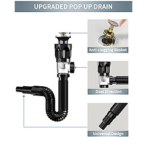 Upgraded Bathroom Sink Drain Kit with Flexible & Expandable P-Trap, Pop Up Drain with Built-in Anti-Clogging Stopper Fits Overflow or No Overflow Vessel Sink, Suitable for 1-1/2'' Drain Hole
