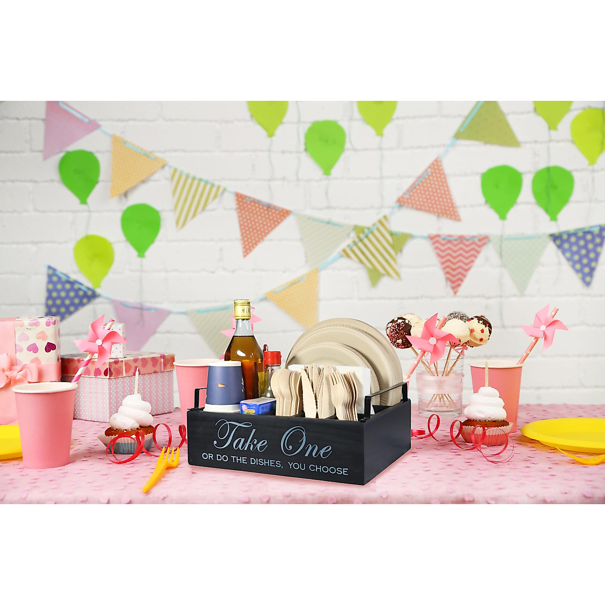 Rehuei Paper Plate Holder Utensil Caddy Organizer - Rustic Wood Disposable Plate Dispenser with Handles for Cups, Forks, Spoons, Napkins and Silverware Holders (handle paper plate holder)