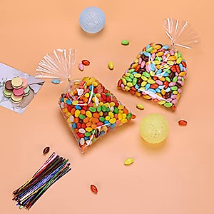Bosose 100 Pcs 6 in x 10 in Clear Flat Cello Cellophane Treat Bags with 4.8" Twist Ties Mix Colors - Good for Bakery, Cookies, Candies,Dessert