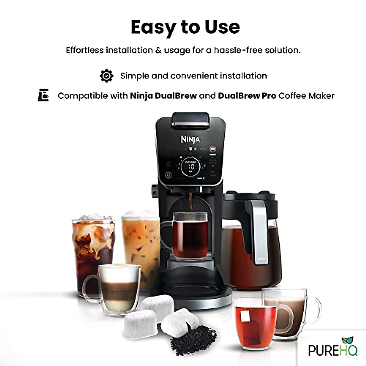 PUREHQ Ninja Water Filter for Ninja Dual Brew Coffee Maker - Compatible with DualBrew Pro CFP201 CFP301 CFP307 CFP451CO - Includes Filter Holder and 3 Pack of Charcoal Water Filters